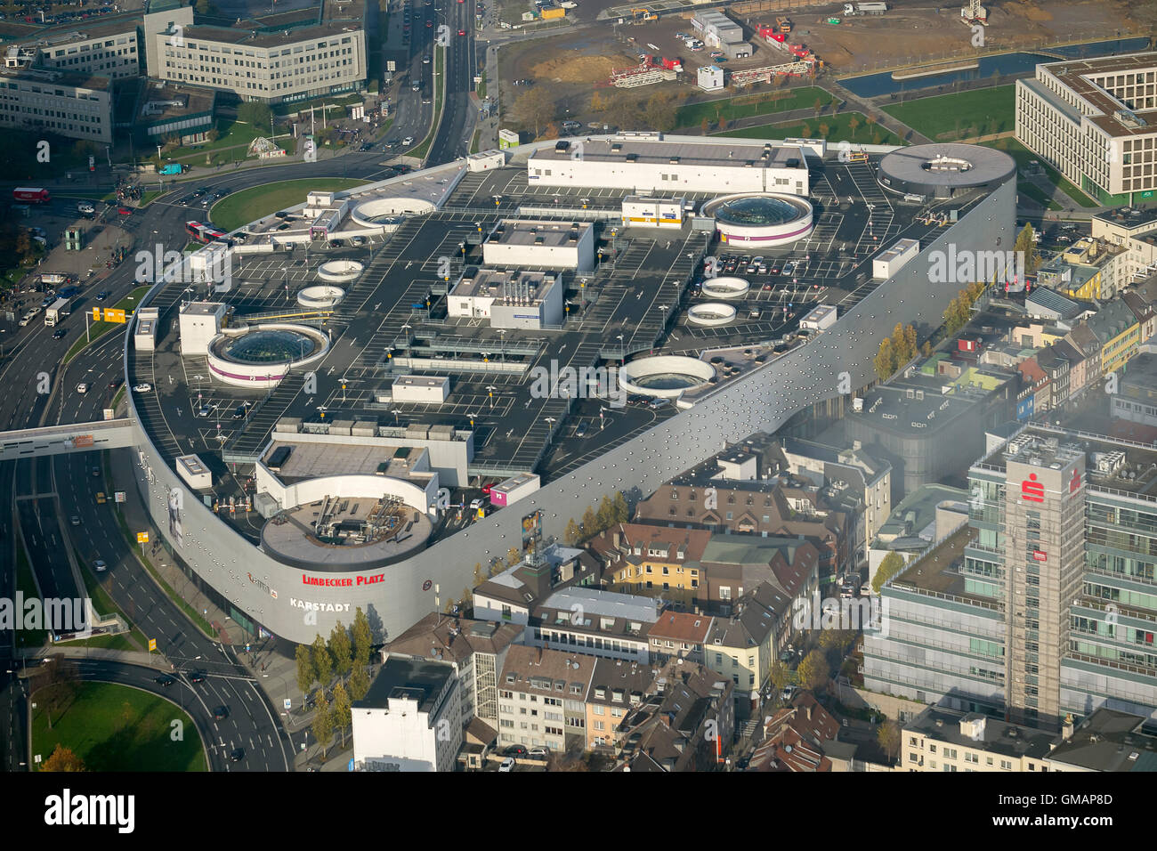Aerial view, Limbecker Platz Shopping Centre, autumnal clouds over the ...