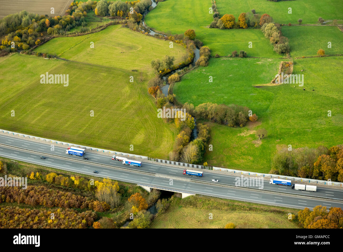Aerial view, A2 bridge over the river Ahse, Ahse, river of Ahse, nature ...