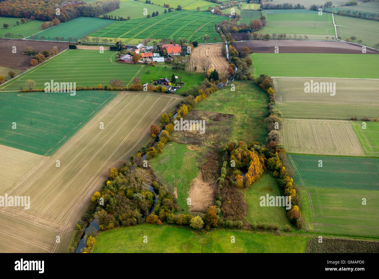 Aerial view, flood backwater pools, Ahse, river of Ahse, nature reserve ...