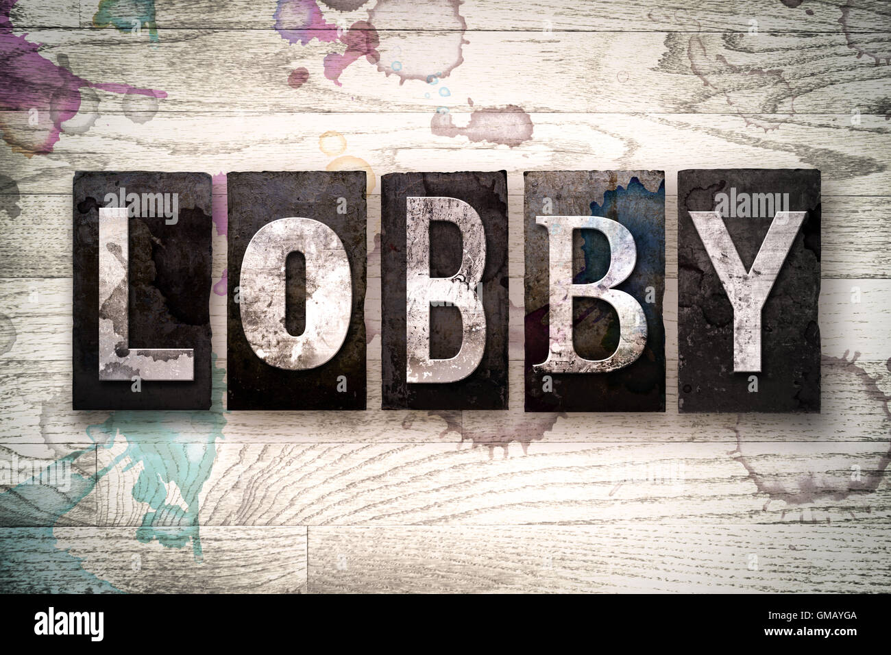 The word "LOBBY" written in vintage dirty metal letterpress type on a ...