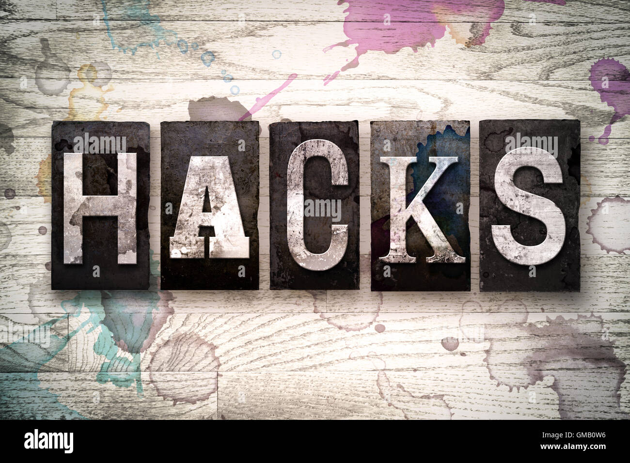 The word "HACKS" written in vintage dirty metal letterpress type on a ...