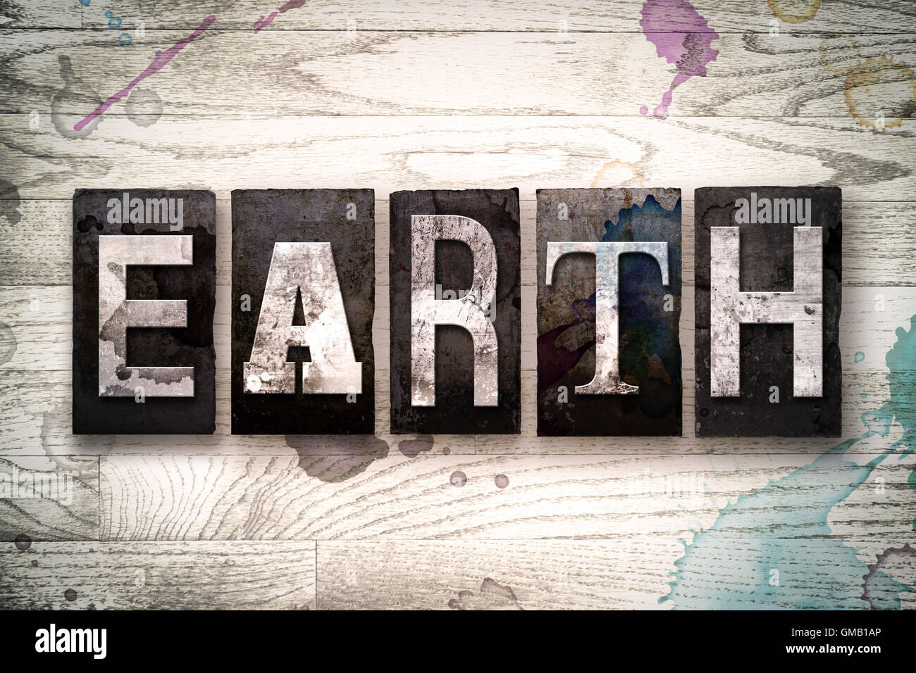 The word "EARTH" written in vintage dirty metal letterpress type on a ...