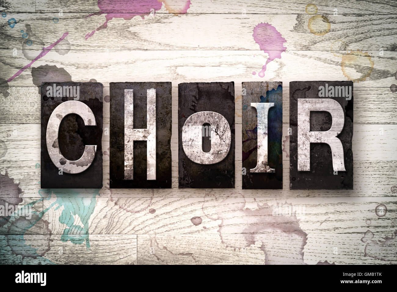 The word "CHOIR" written in vintage dirty metal letterpress type on a ...