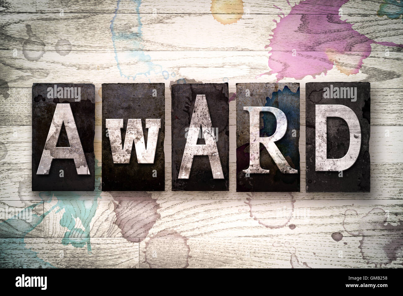 The word "AWARD" written in vintage dirty metal letterpress type on a ...
