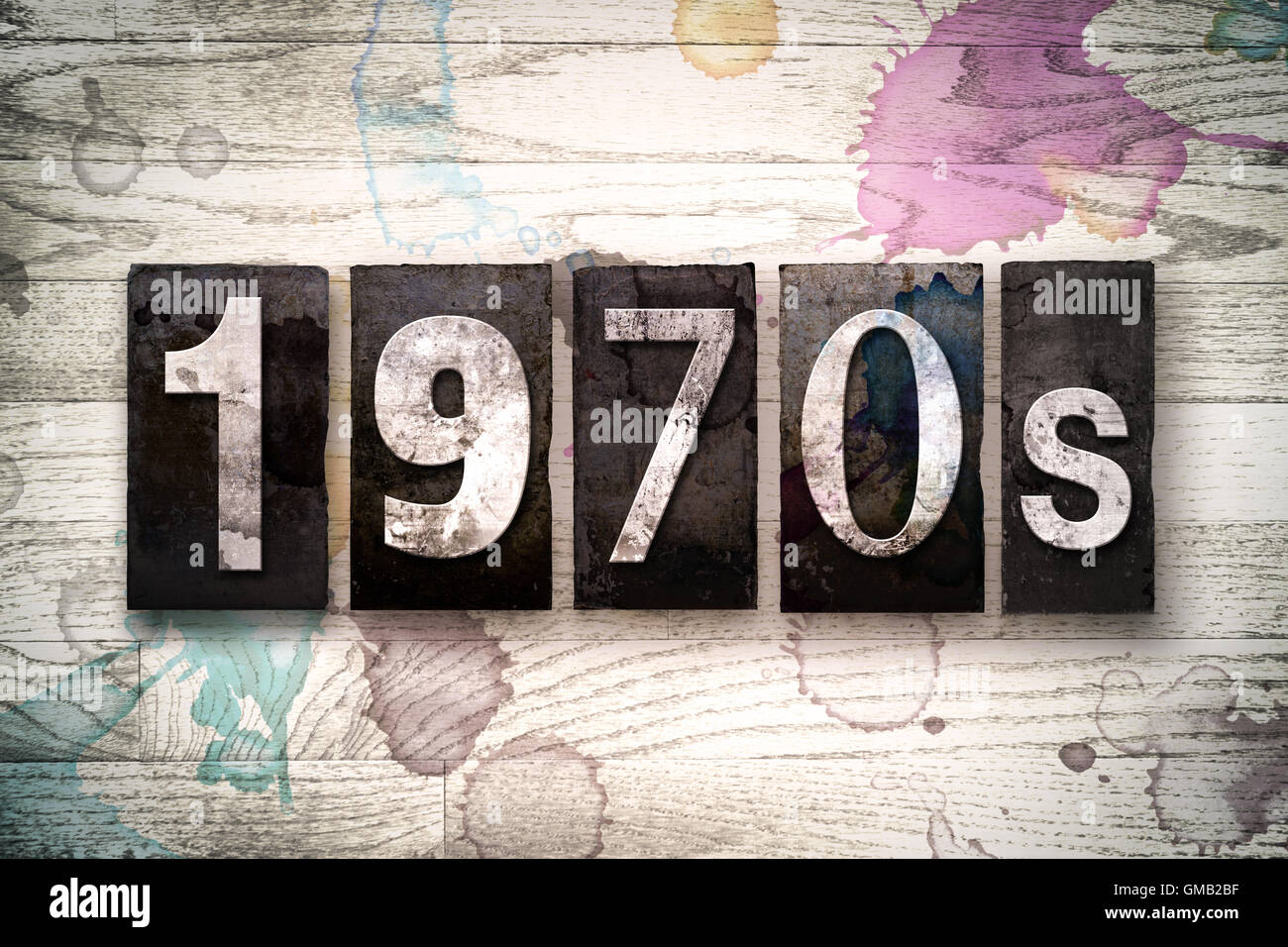 The word "1970s" written in vintage dirty metal letterpress type on a ...