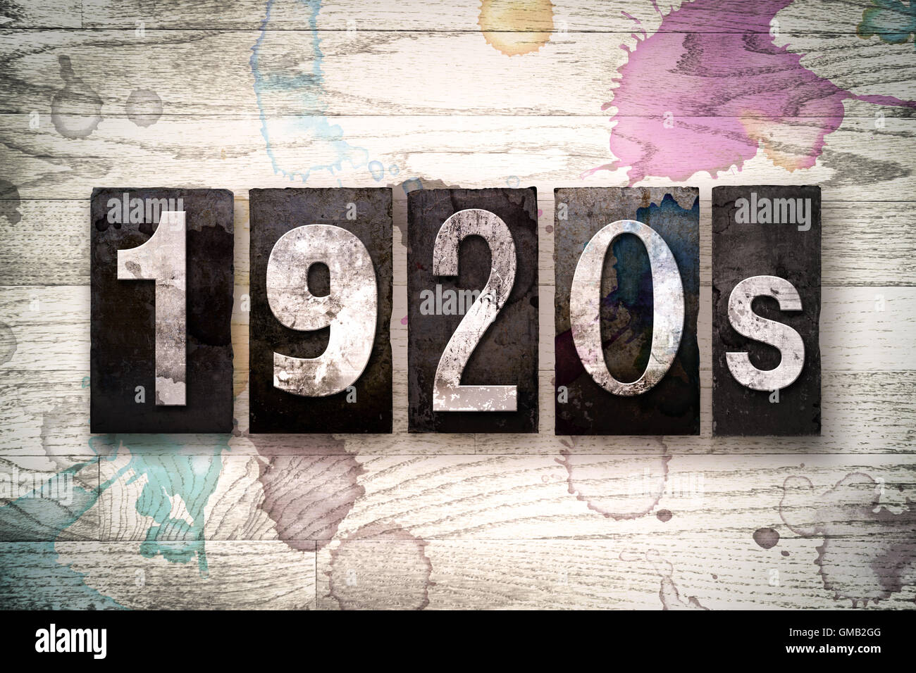The word "1920s" written in vintage dirty metal letterpress type on a ...
