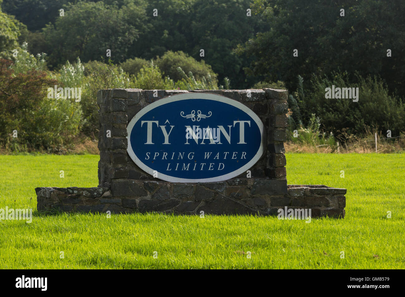 Ty Nant spring water sign on the entrance to the factory in Bethania ...