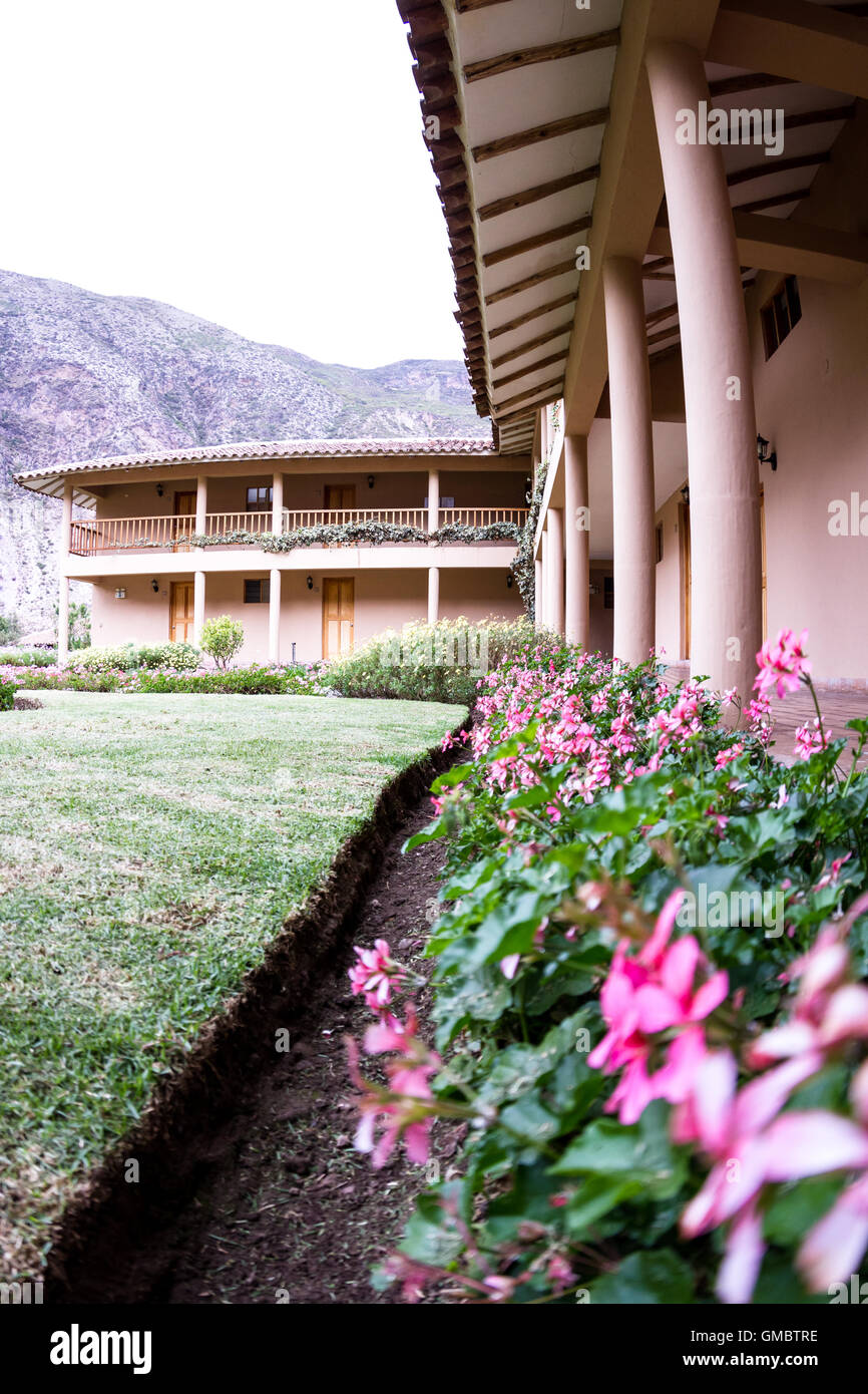 beautiful relaxing outdoors morning scene in a Peruvian hotel with ...