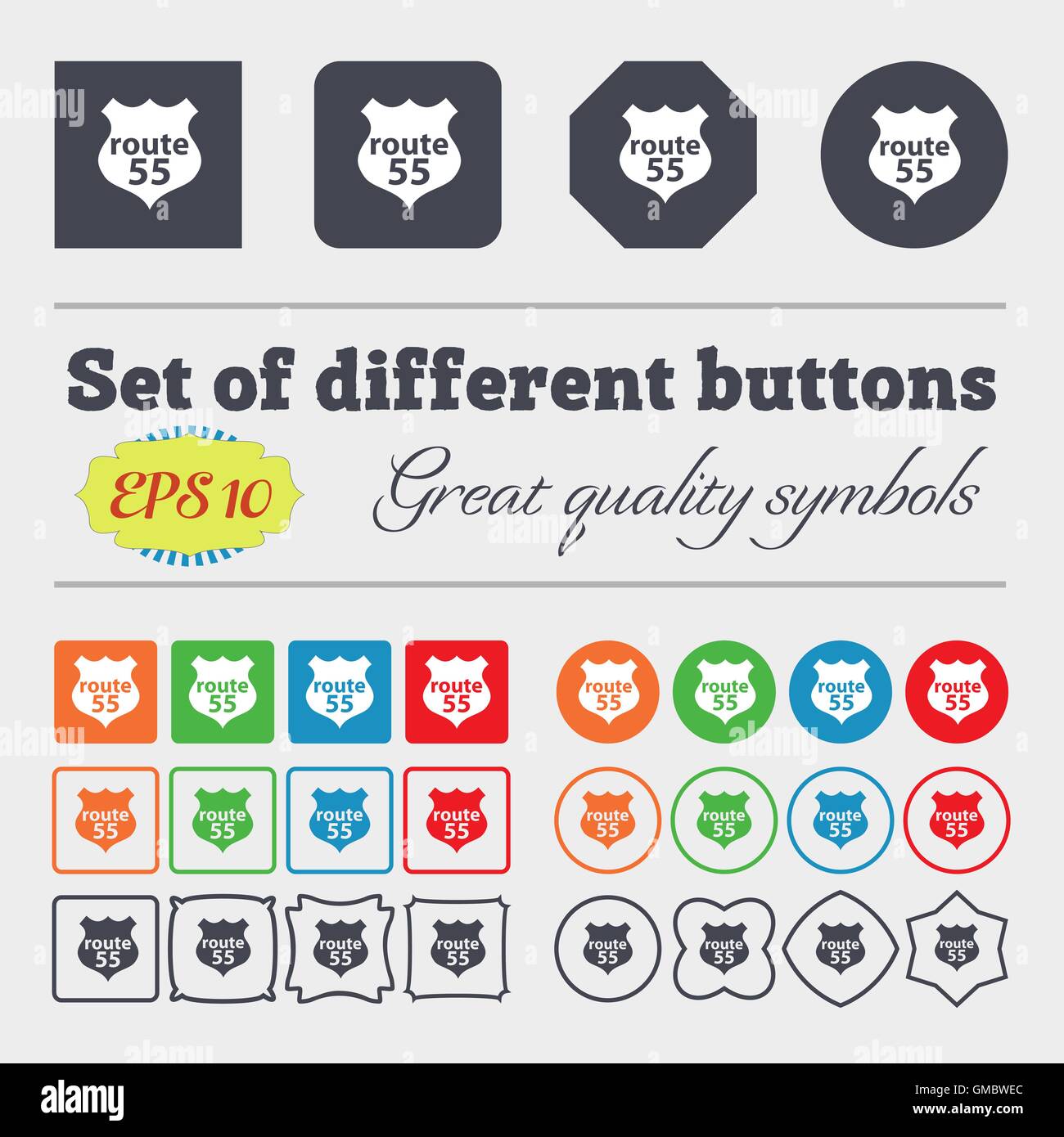 Route 55 highway icon sign. Big set of colorful, diverse, high-quality ...