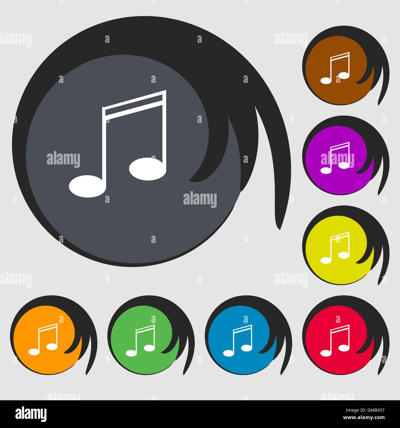 Music note sign icon. Musical symbol. Symbols on eight colored buttons ...