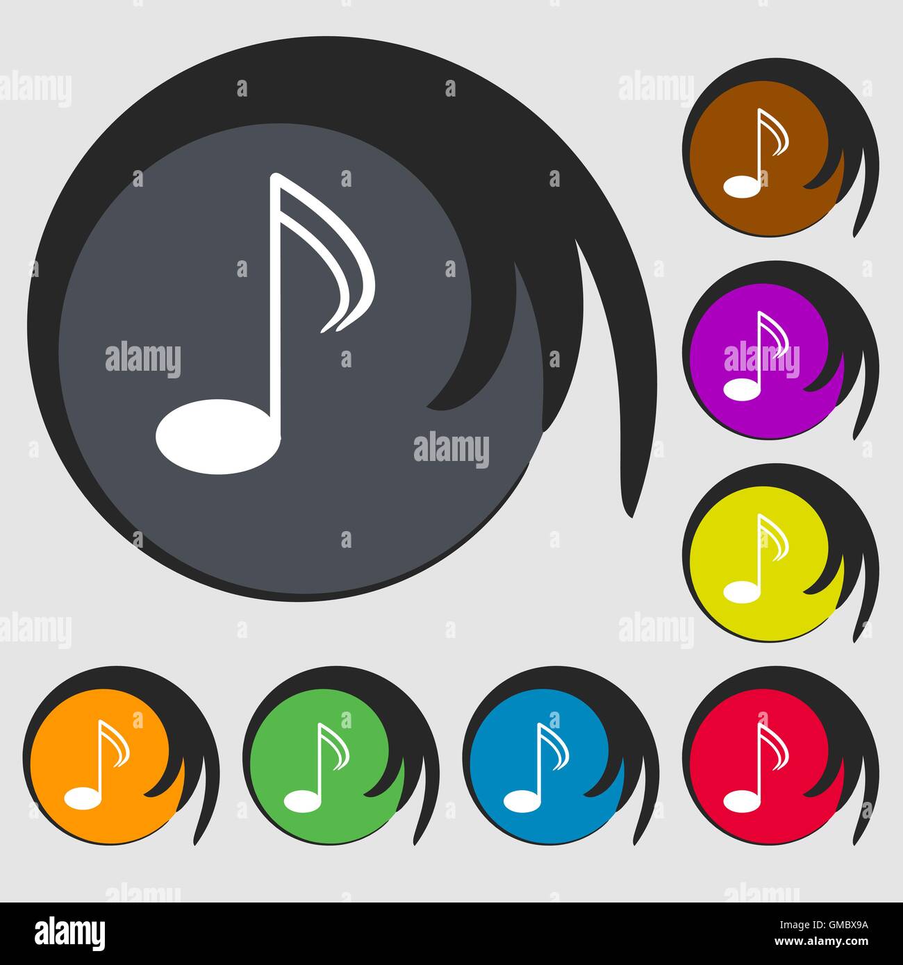 Music note sign icon. Musical symbol. Symbols on eight colored buttons ...