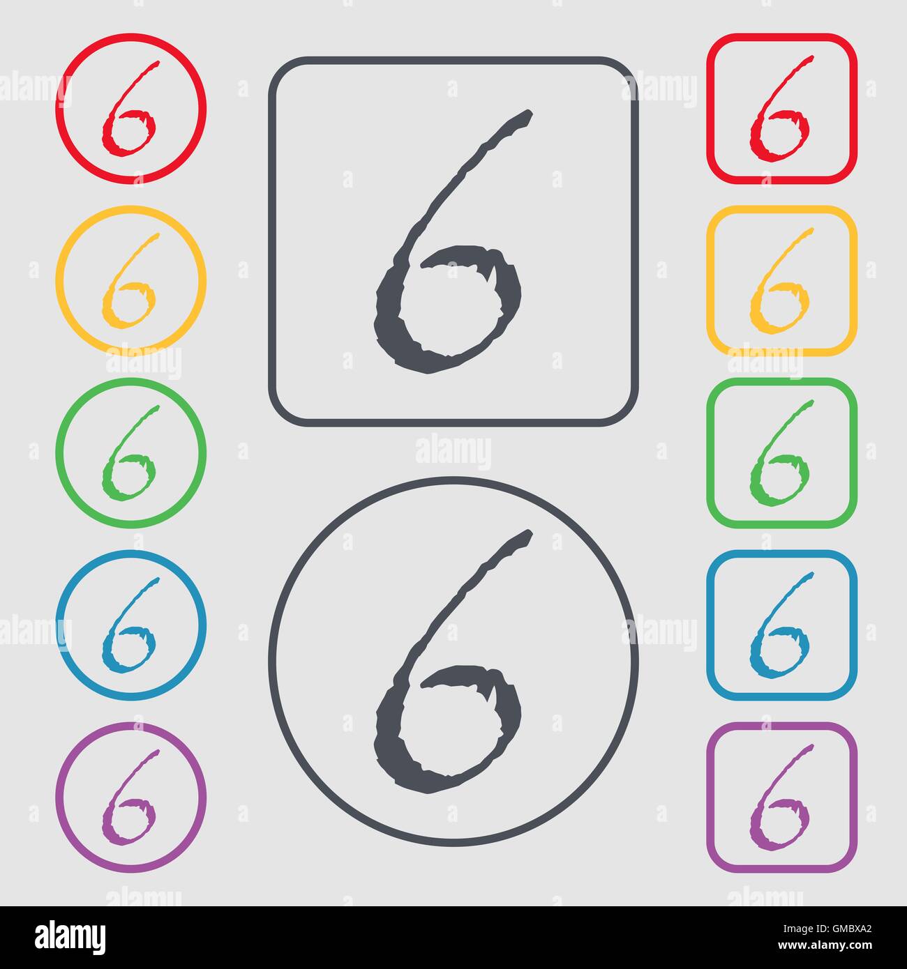 number six icon sign. Symbols on the Round and square buttons with ...