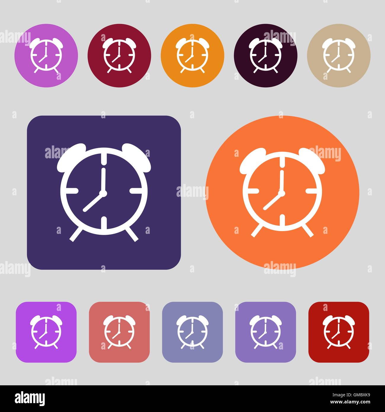 Alarm clock sign icon. Wake up alarm symbol. 12 colored buttons. Flat ...