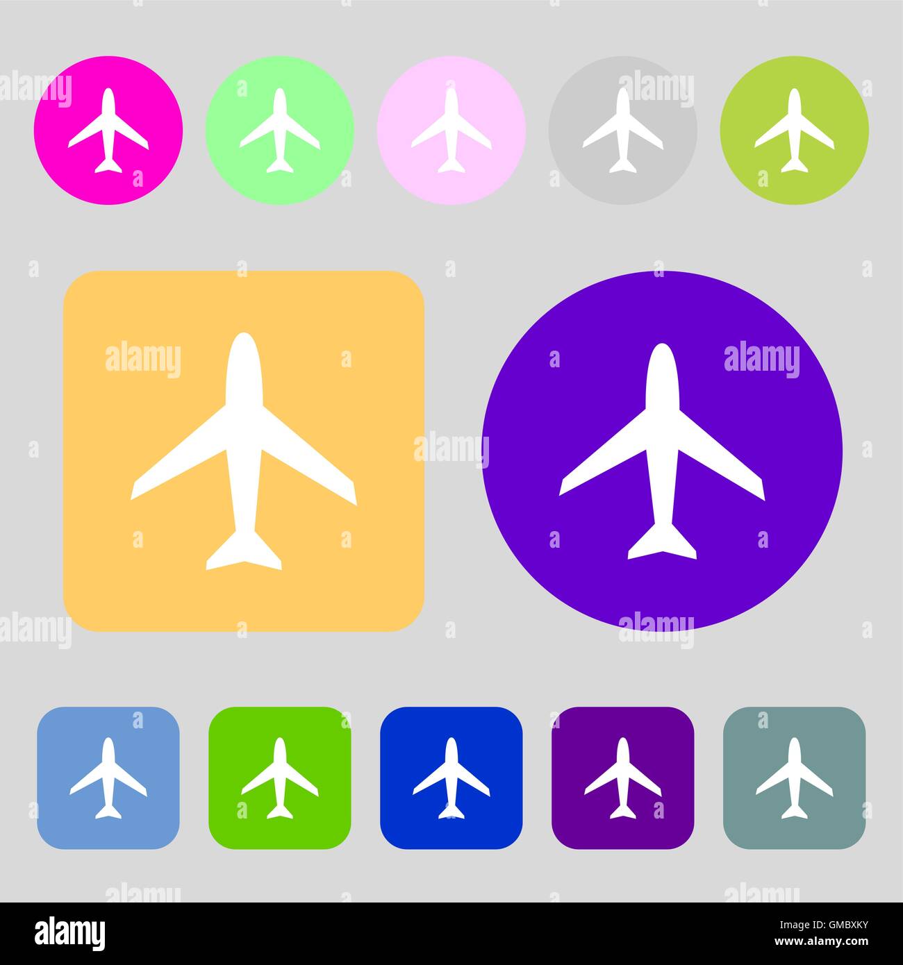 Airplane sign. Plane symbol. Travel icon. Flight flat label. 12 colored ...