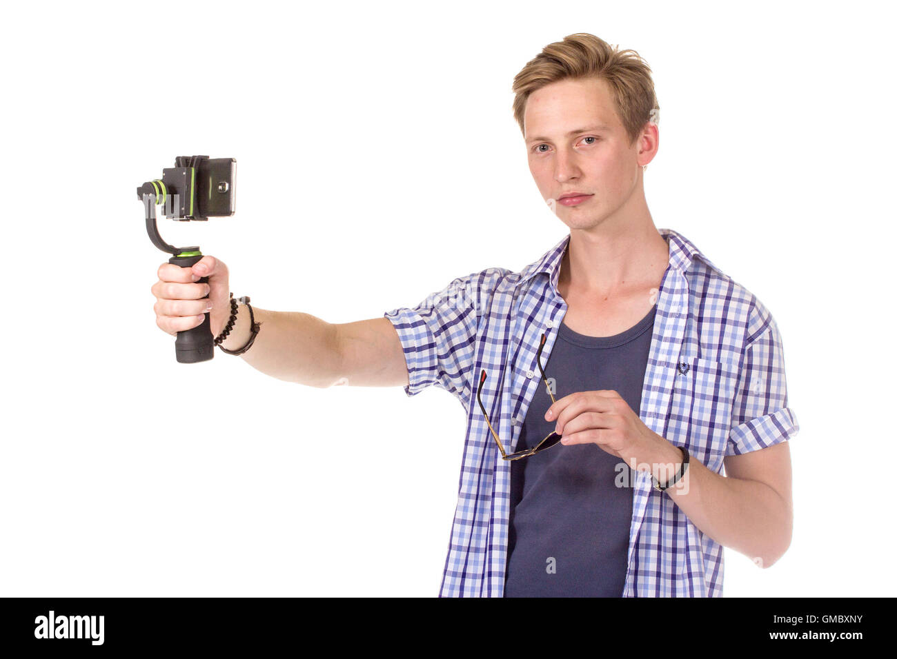 Man holds mobile phone on gimbal. Isolated on white Stock Photo - Alamy