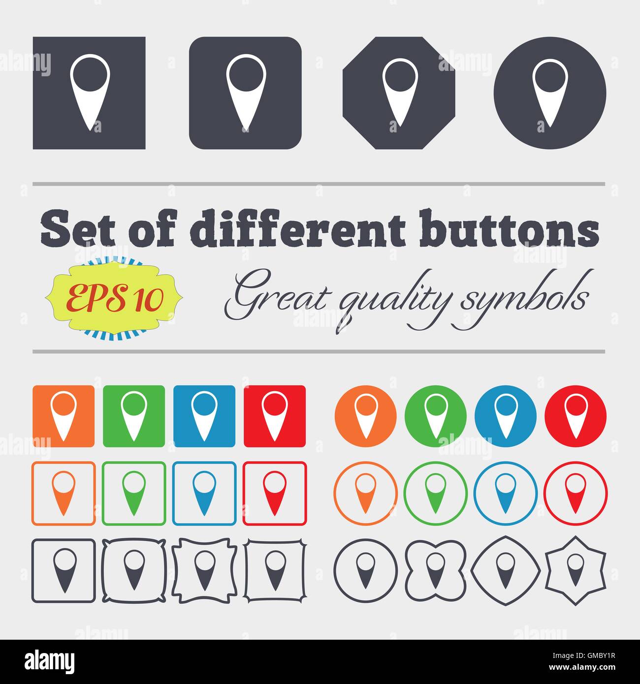 Map pointer icon. GPS location symbol. Big set of colorful, diverse, high-quality buttons ...