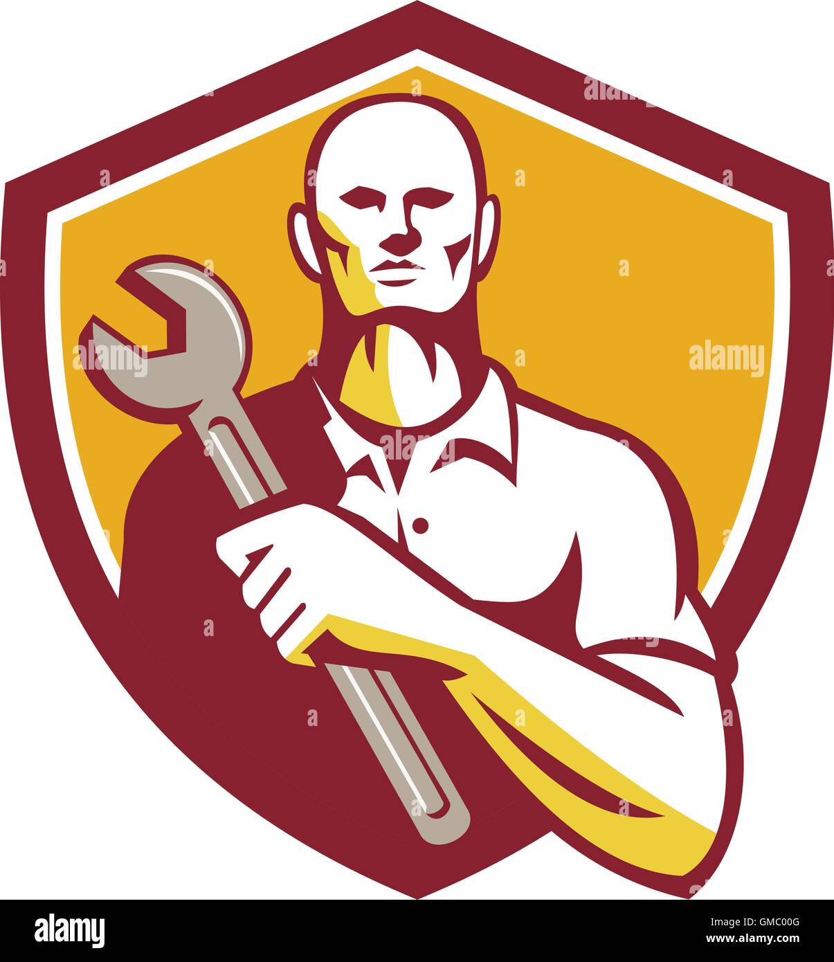 Mechanic Holding Wrench Shield Retro Stock Vector Image & Art - Alamy