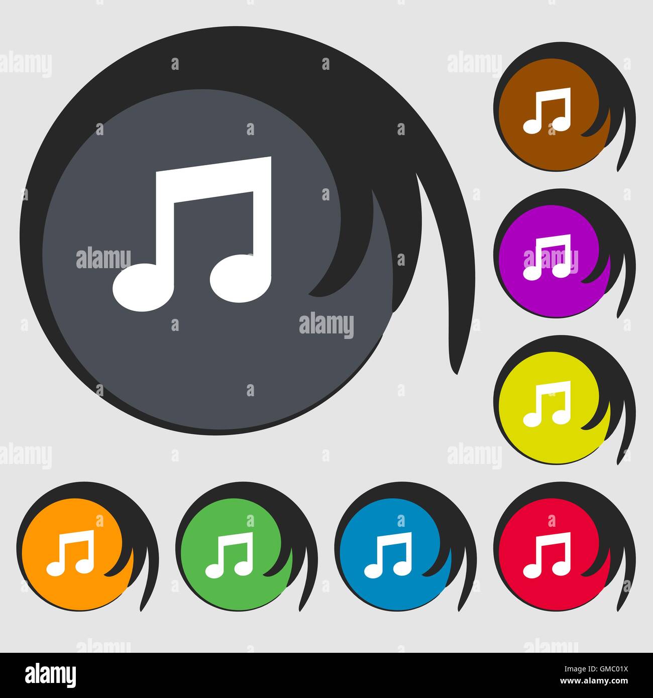 Music note sign icon. Musical symbol. Symbols on eight colored buttons ...