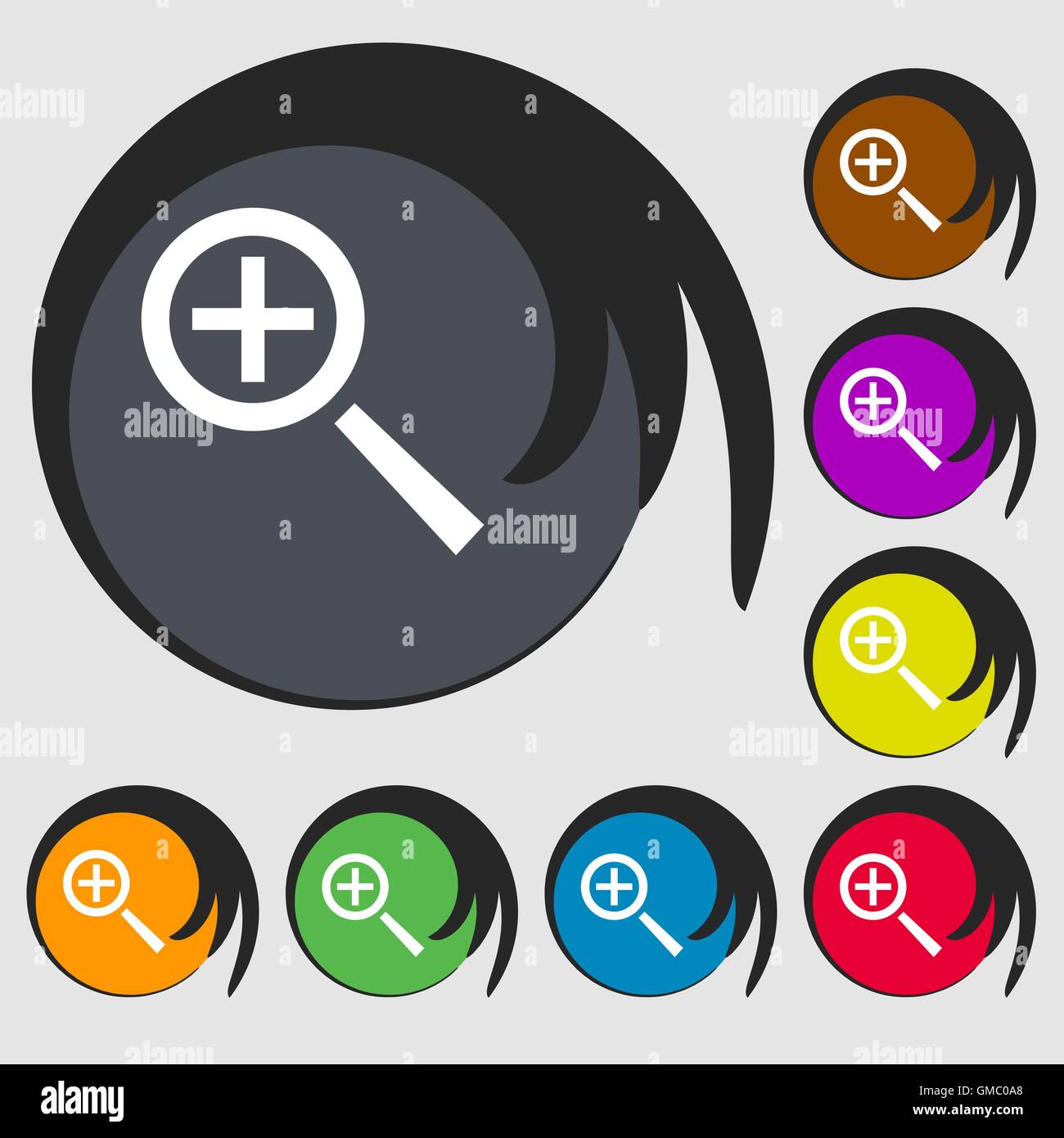 Magnifier glass, Zoom tool icon sign. Symbols on eight colored buttons ...