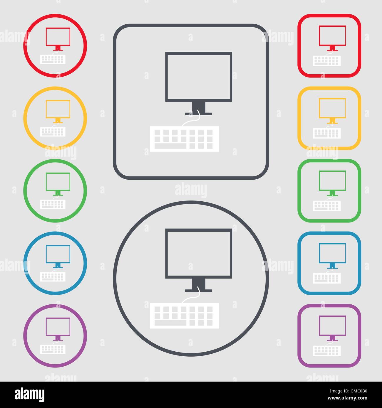 Computer monitor and keyboard Icon. Symbols on the Round and square ...