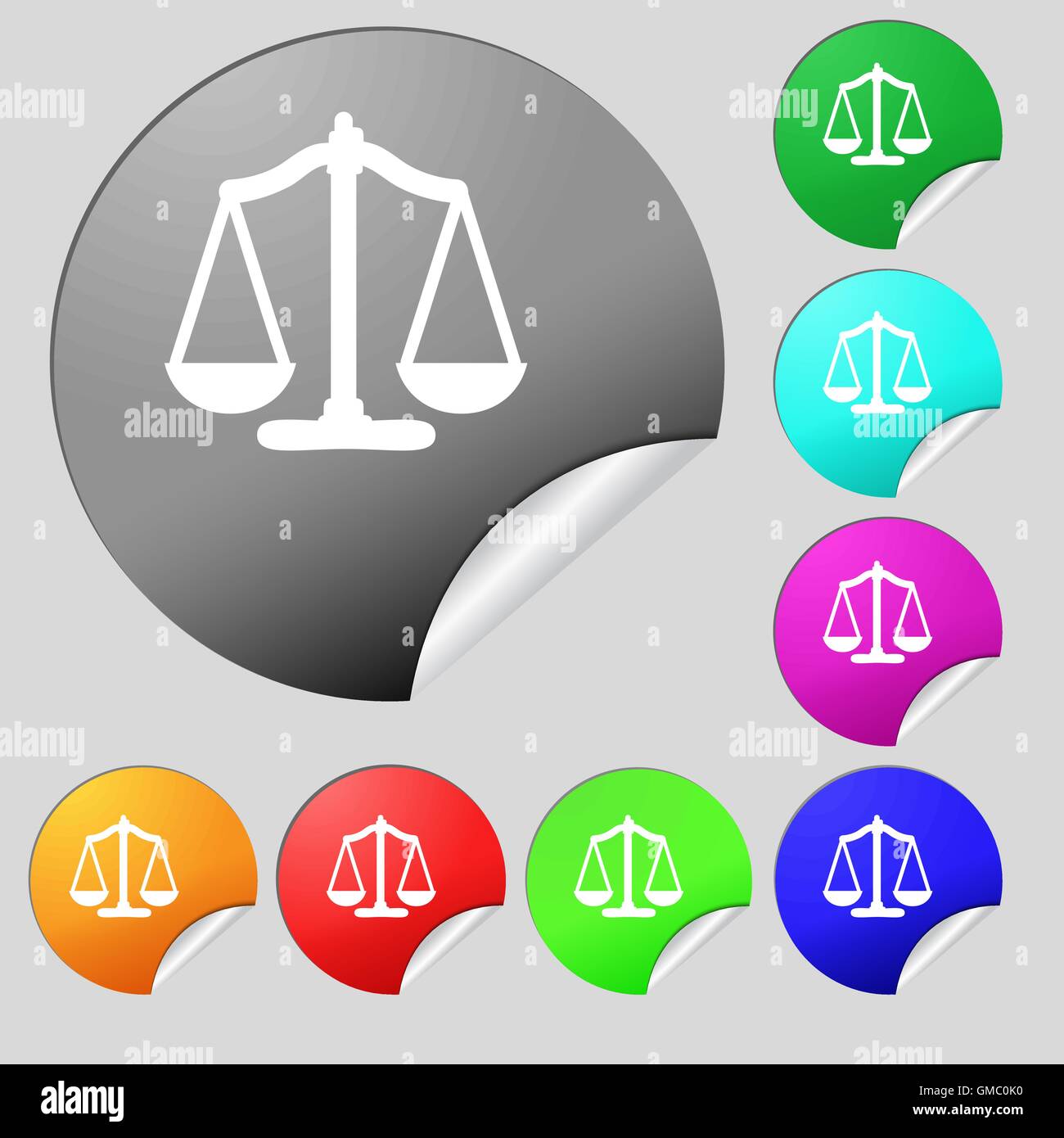 Scales balance. Set of eight multi colored round buttons, stickers ...