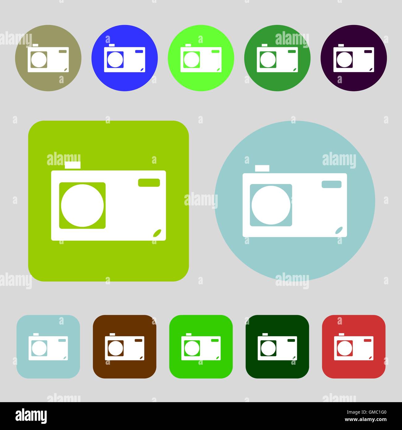 Photo camera sign icon. Digital symbol. 12 colored buttons. Flat design ...