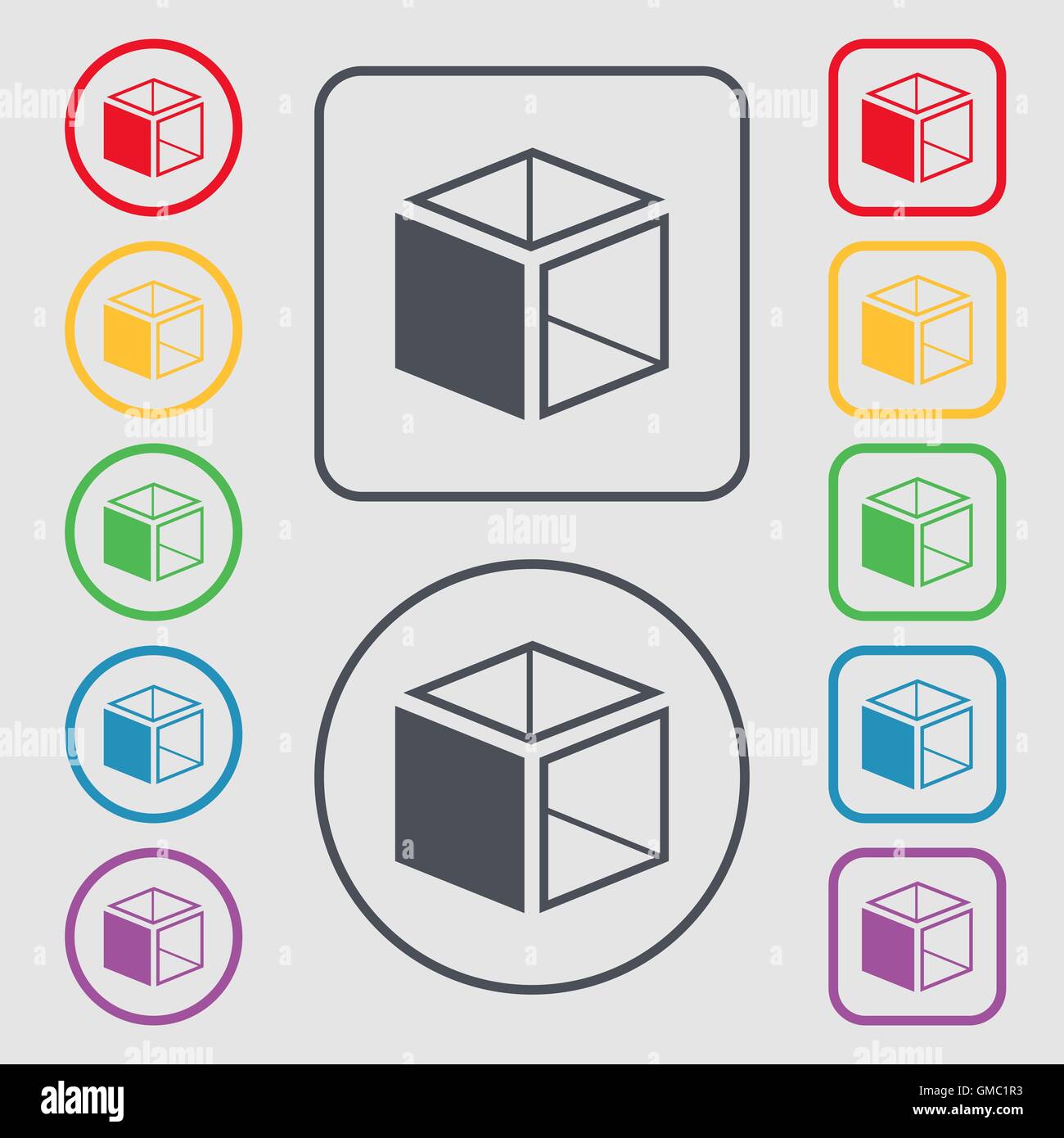 3d cube icon sign. Symbols on the Round and square buttons with frame ...