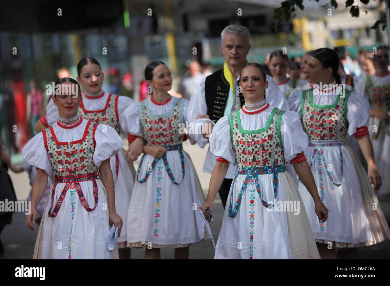 Slovak folklore ensemble during a parade through the city centre of ...