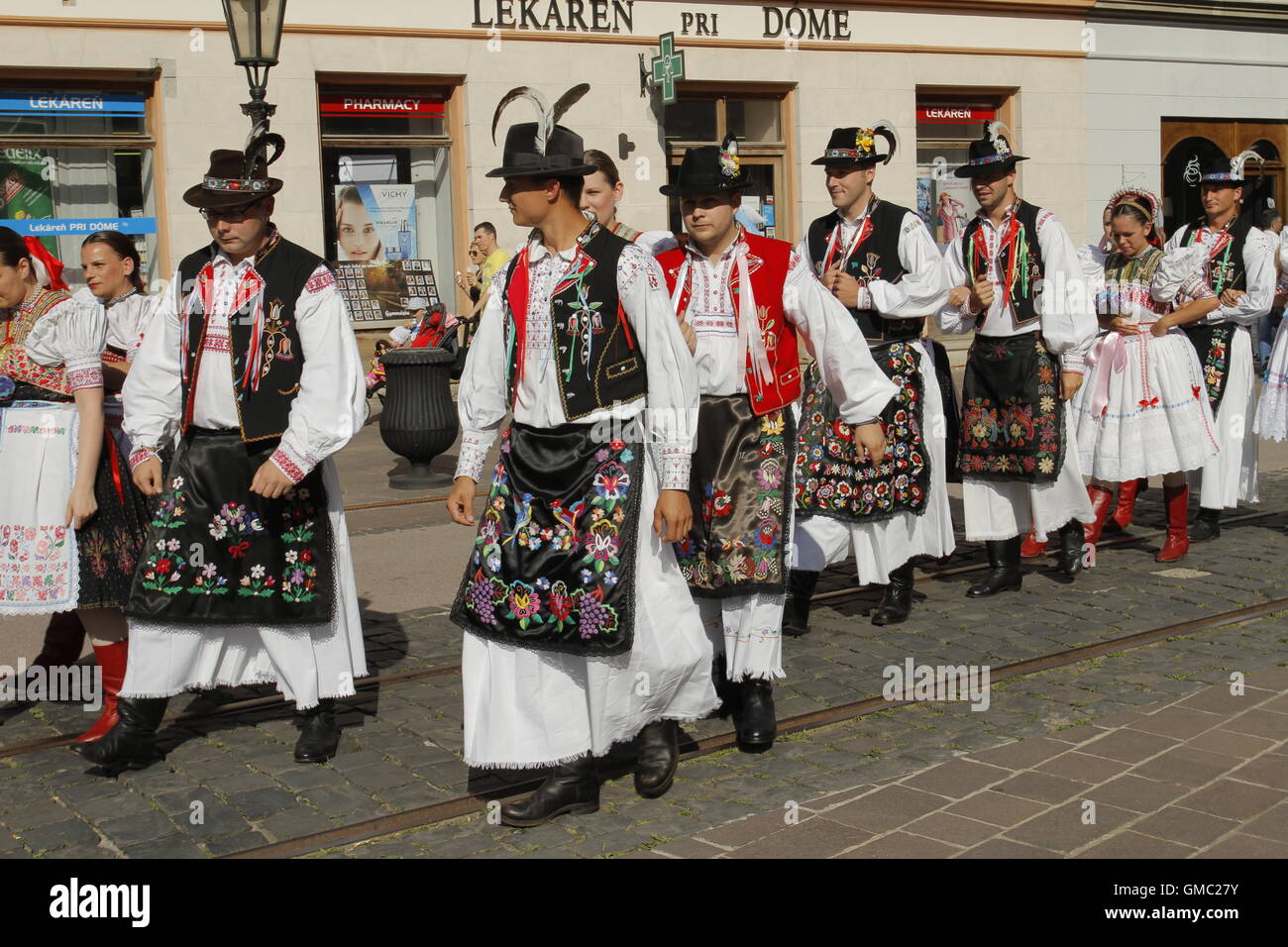 Slovak folklore ensemble during a parade through the historical centre ...
