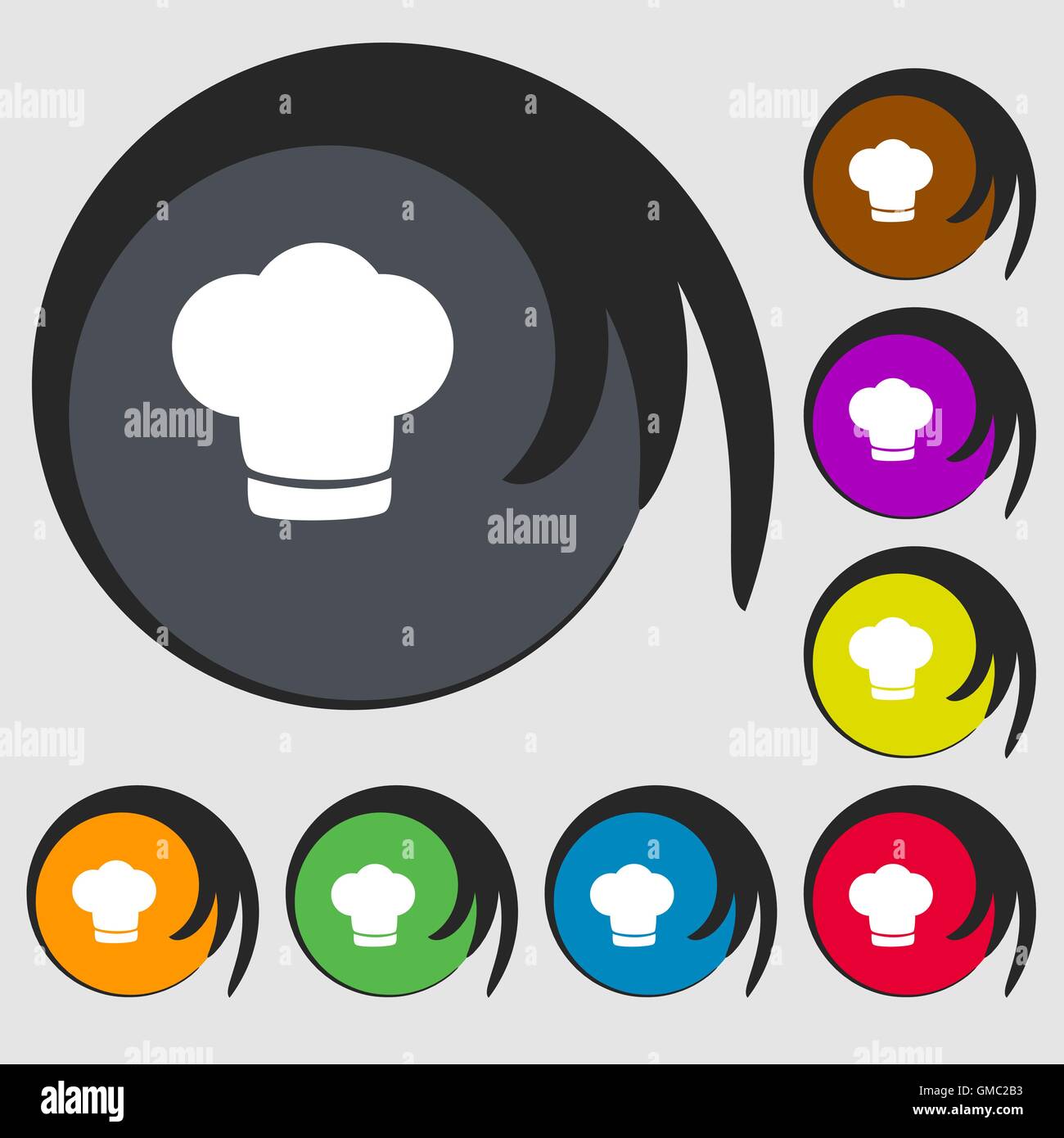 Chef hat sign icon. Cooking symbol. Cooks hat. Symbols on eight colored ...