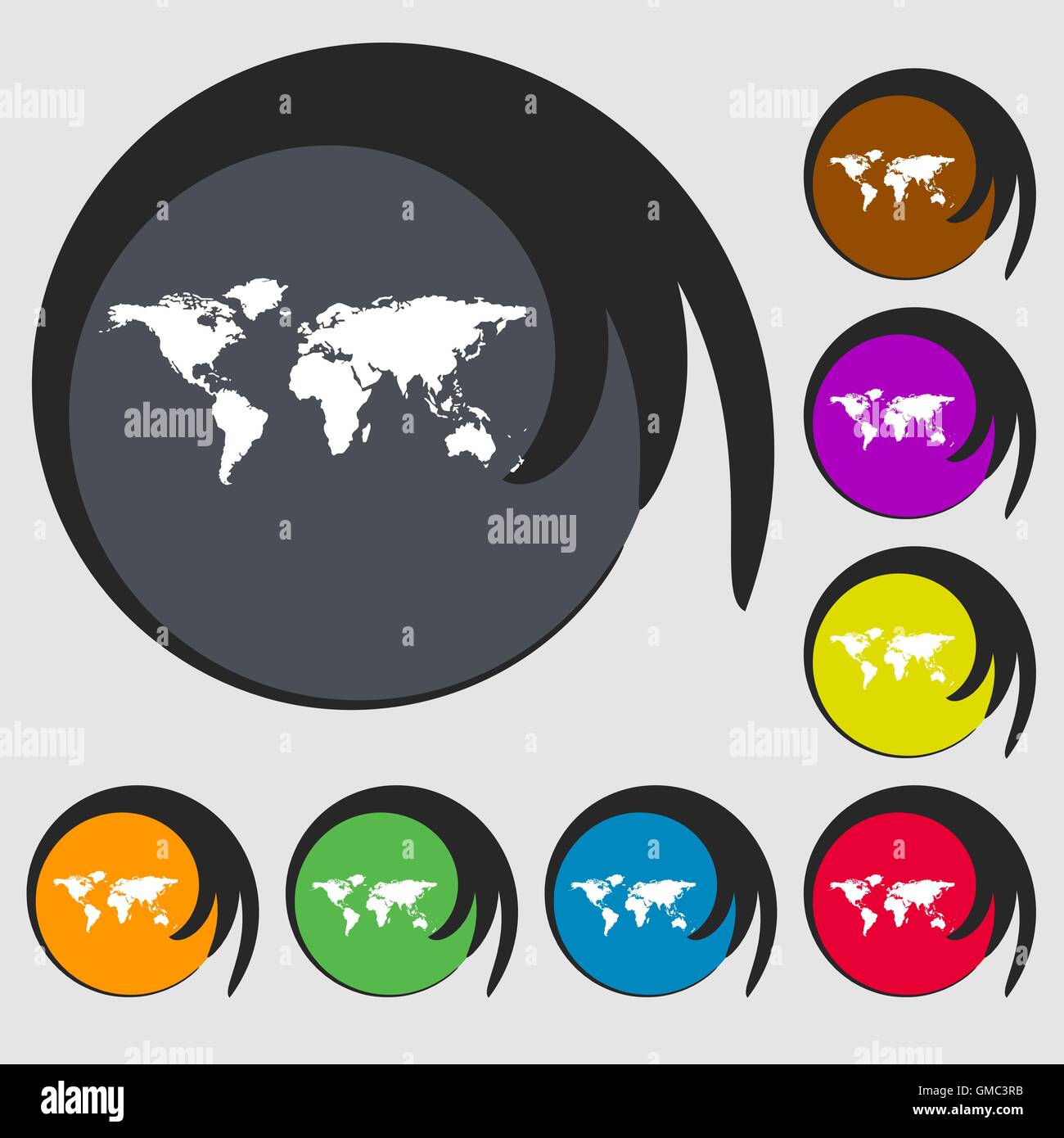 Globe sign icon. World map geography symbol. Symbols on eight colored ...