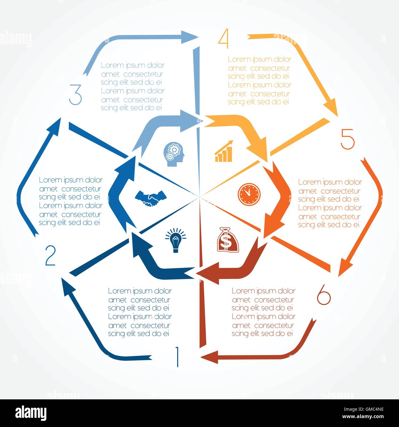 Colour arrows infographic for six positions, possible to use for ...