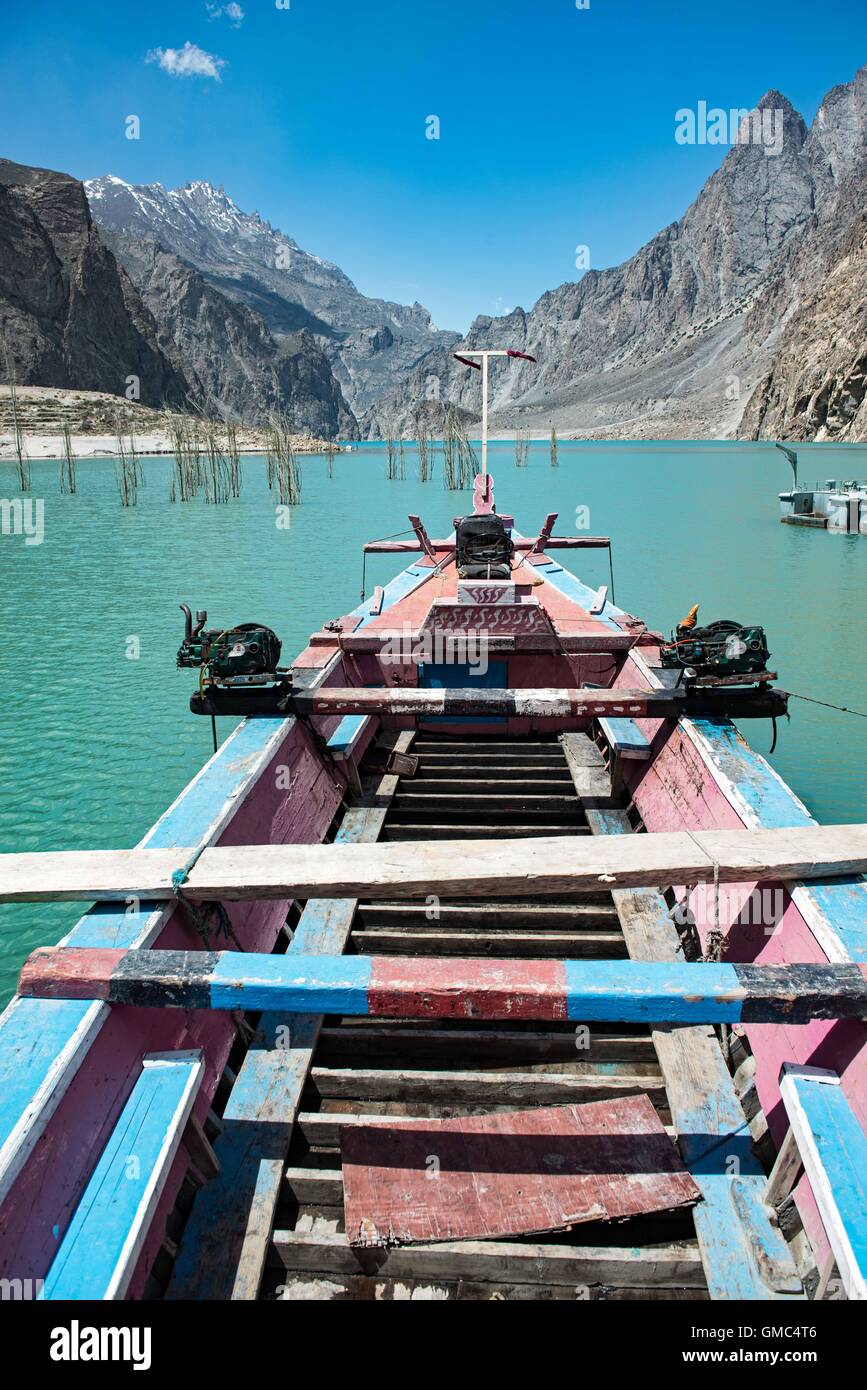Abandoned boat on Attabad Lake, Gojal, also known as Gojal Lake Stock ...
