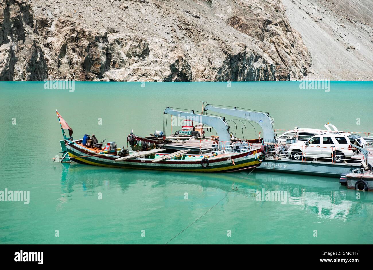 Abandoned boats and pontoon in Attabad Lake, Gojal, also known as Gojal ...