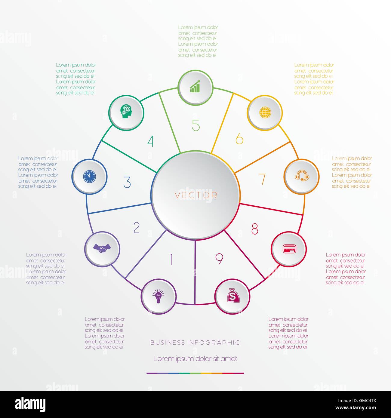 Circles from coloured lines, template infographic nine positions Stock ...