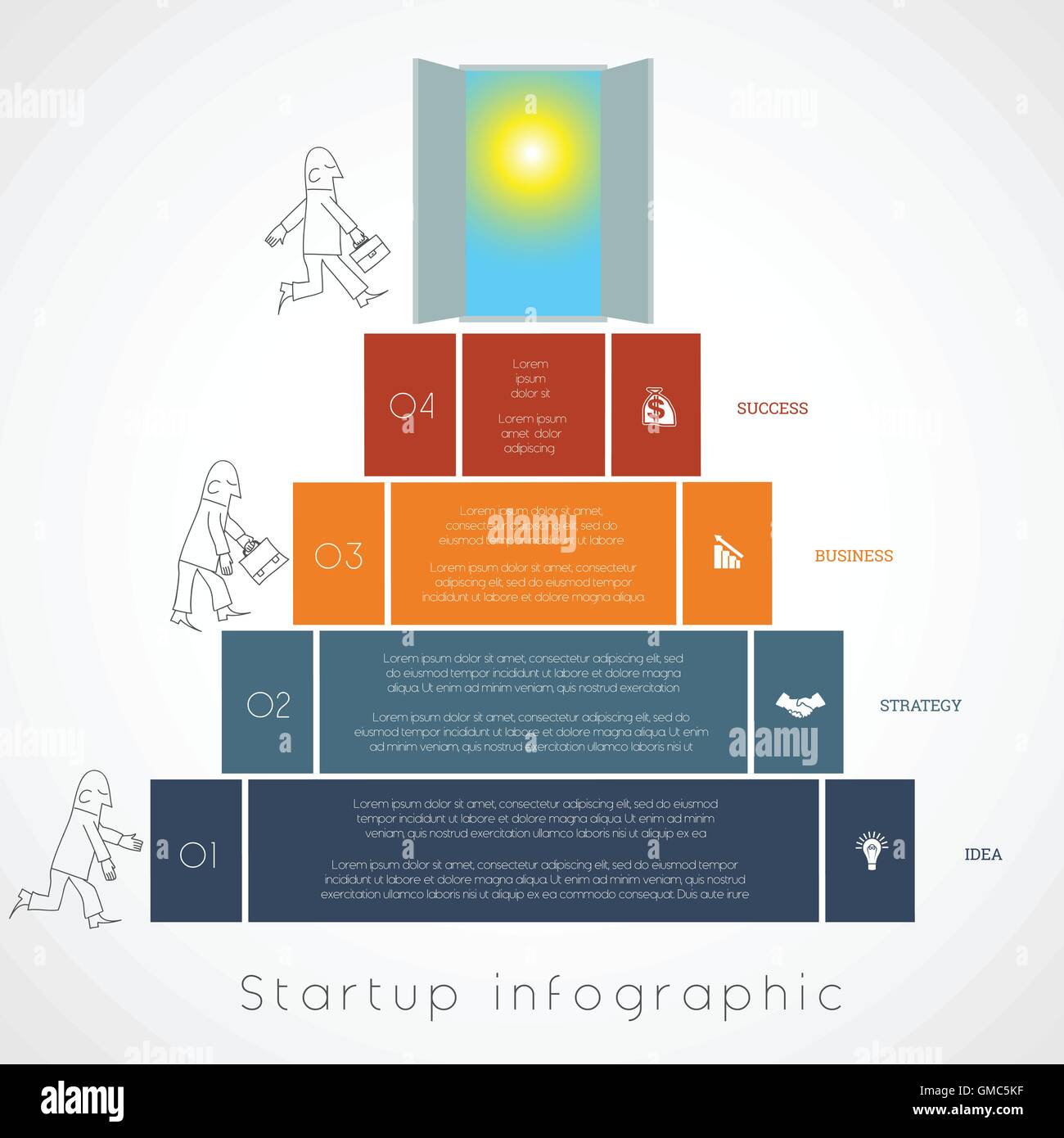 Infographics for Business success startup, businessman steps up ladders ...