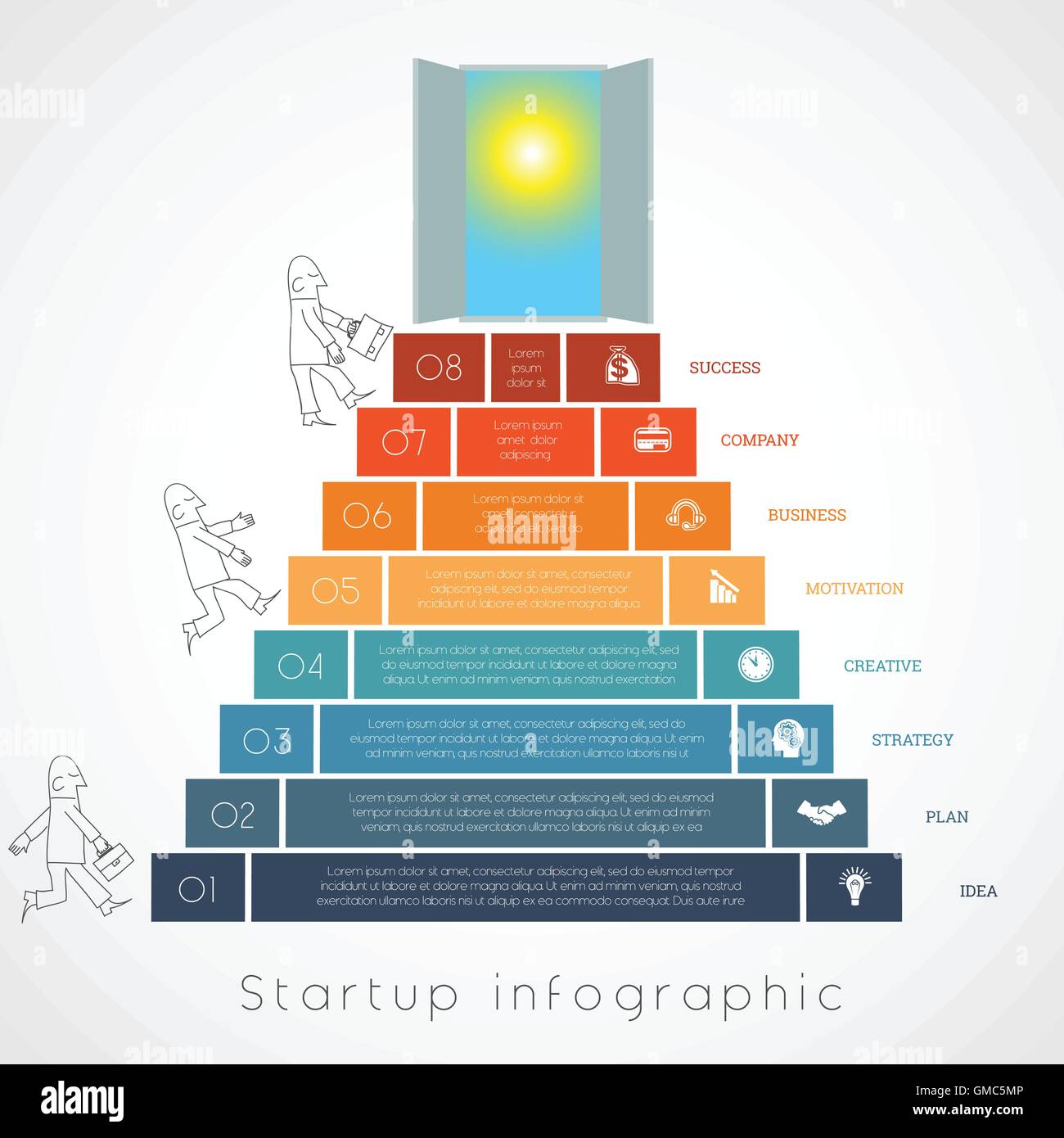 Infographics for Business success startup, businessman steps up ladders ...