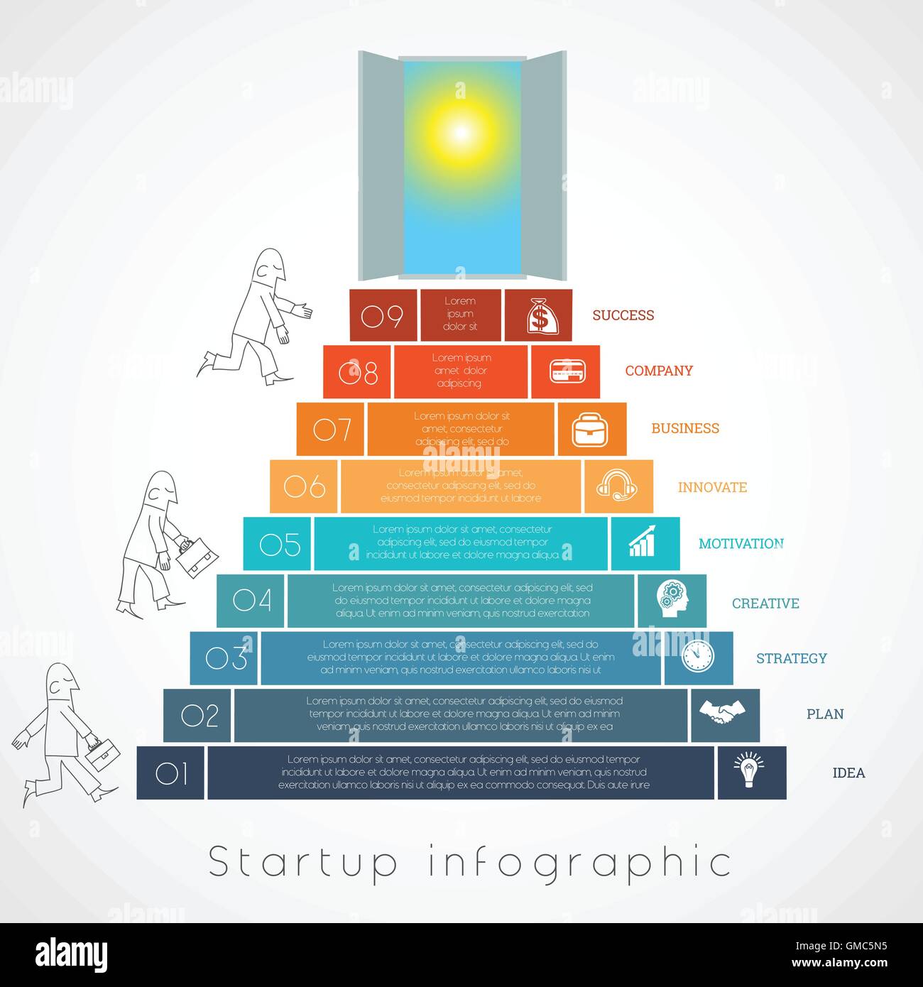 Infographics for Business success startup, businessman steps up ladders ...