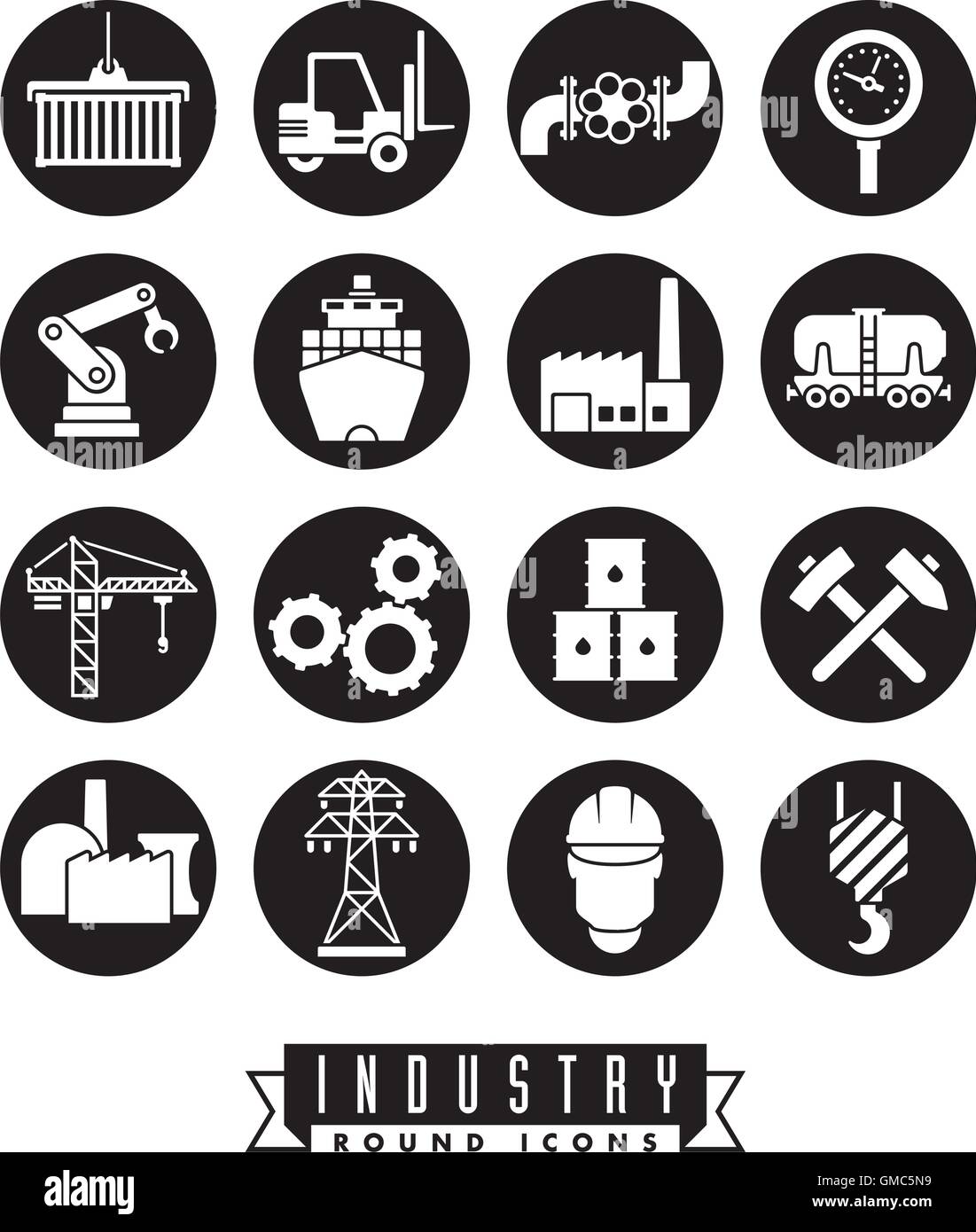 Collection of 16 solid black round industry themed vector icons Stock ...
