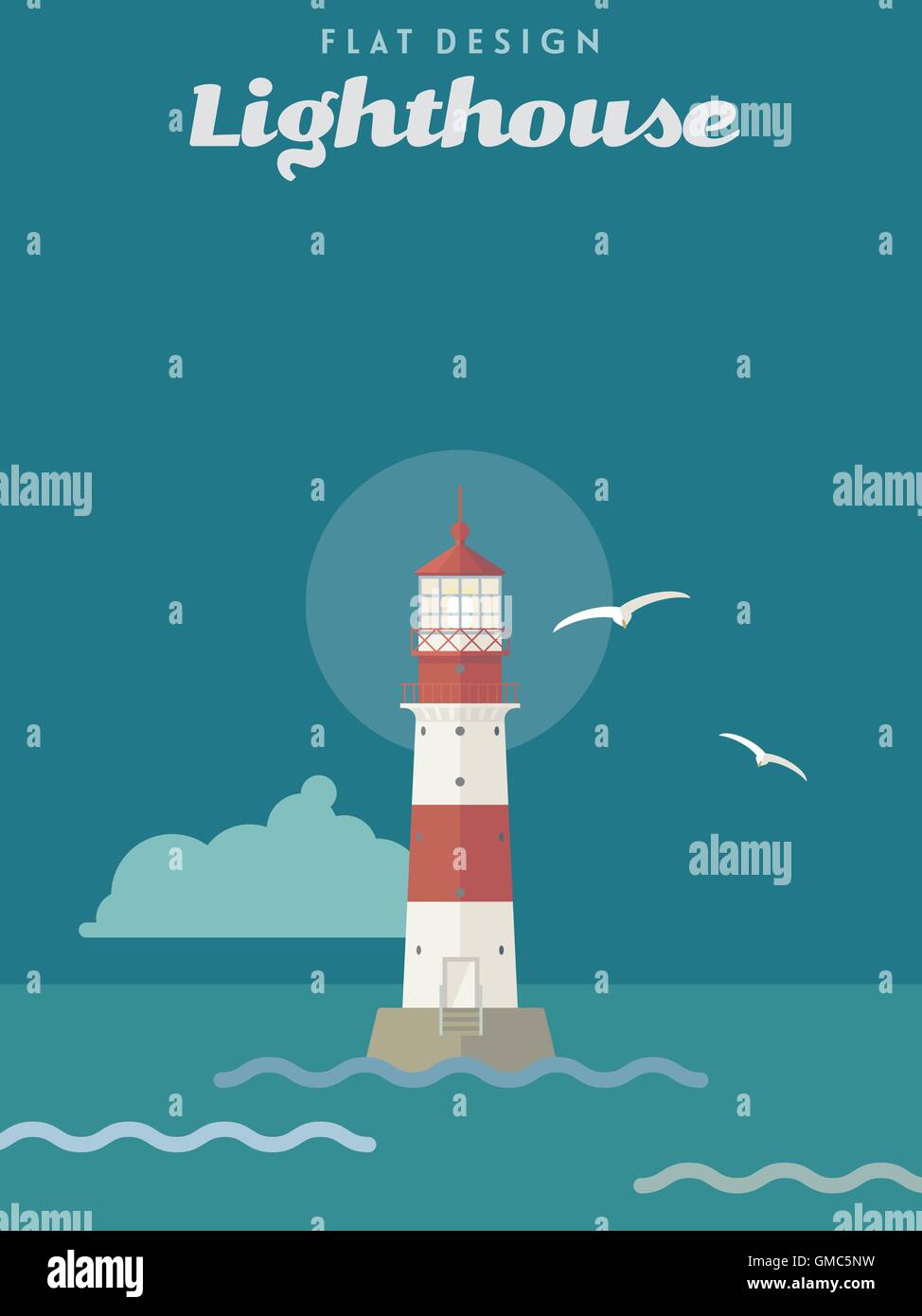 Vector illustration of illuminated lighthouse, flat design Stock Vector ...
