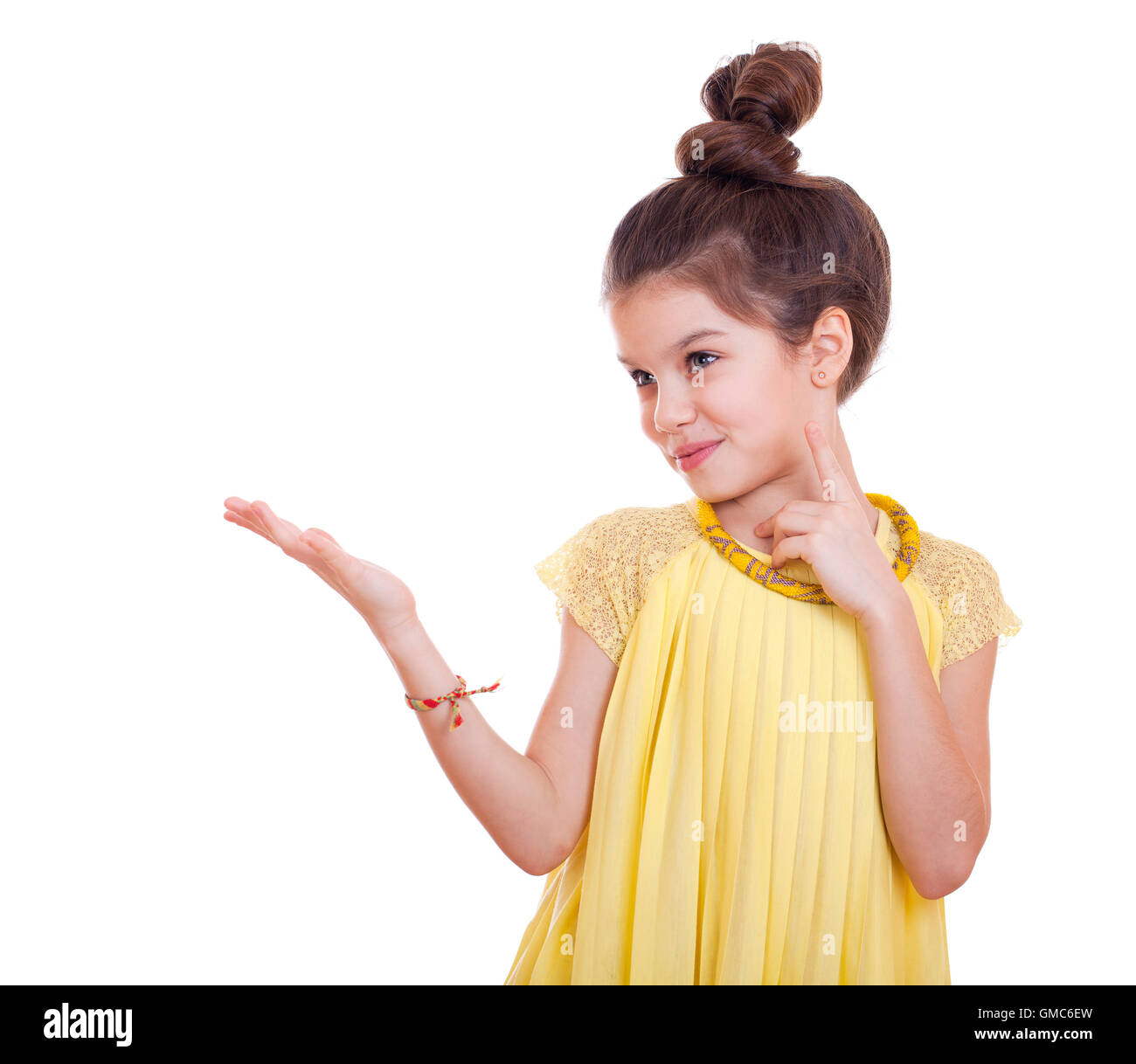 Beautiful youth little girl presenting copy space, studio on white ...