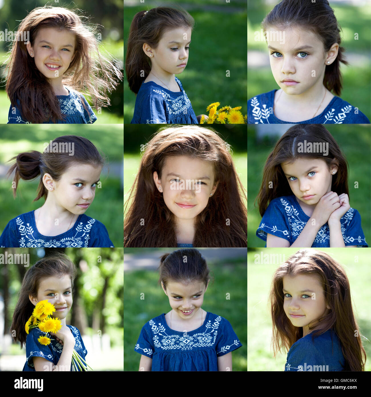 Close up portrait of a beautiful nine year old little girl in summer ...