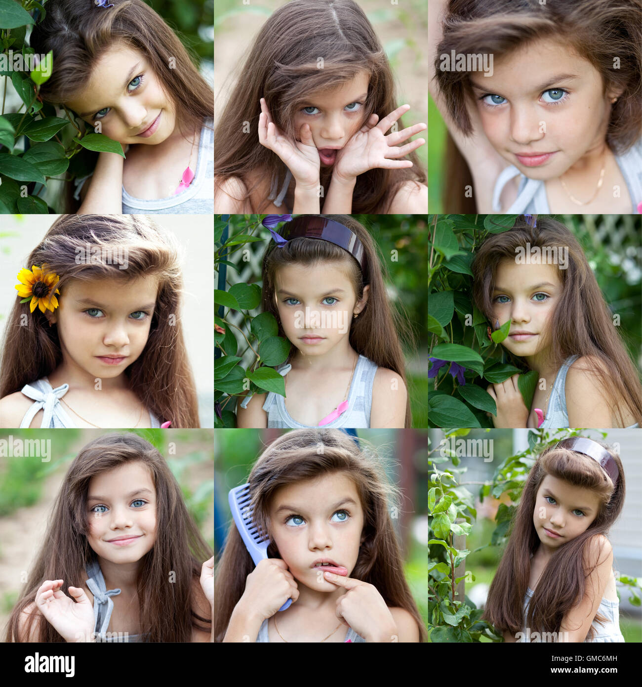 Portrait of beautiful little girl, against background of summer park ...