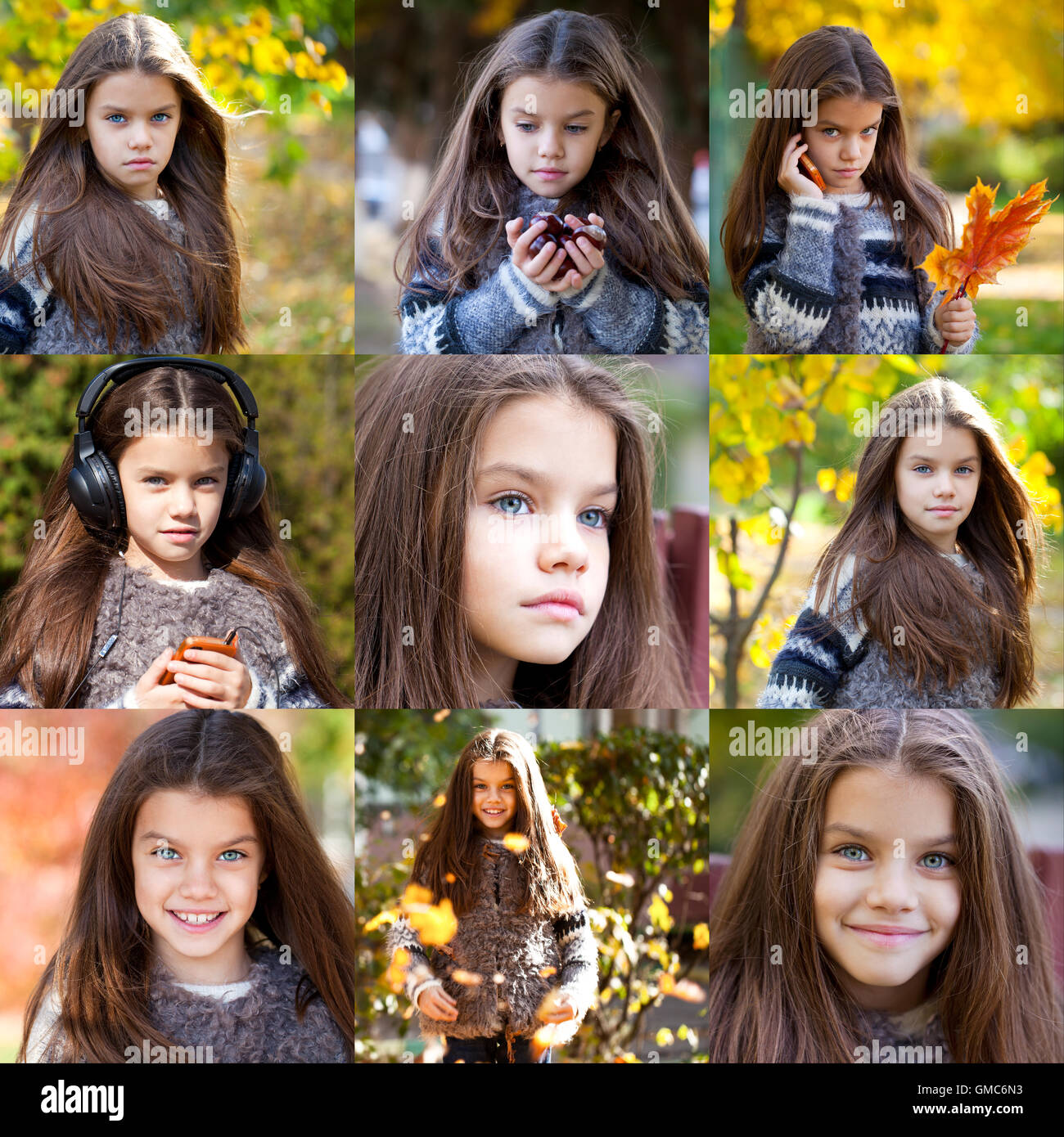Close up portrait of a beautiful nine year old little girl in autumn ...