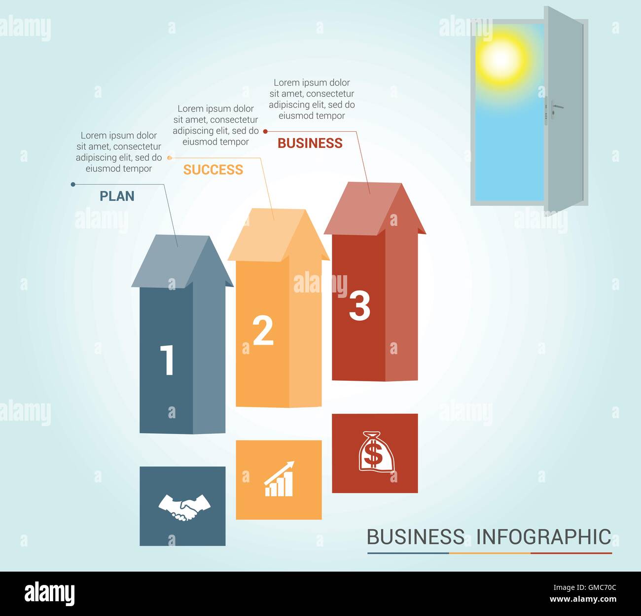 Template Conceptual infographics, arrows colored and doorway, 3 ...