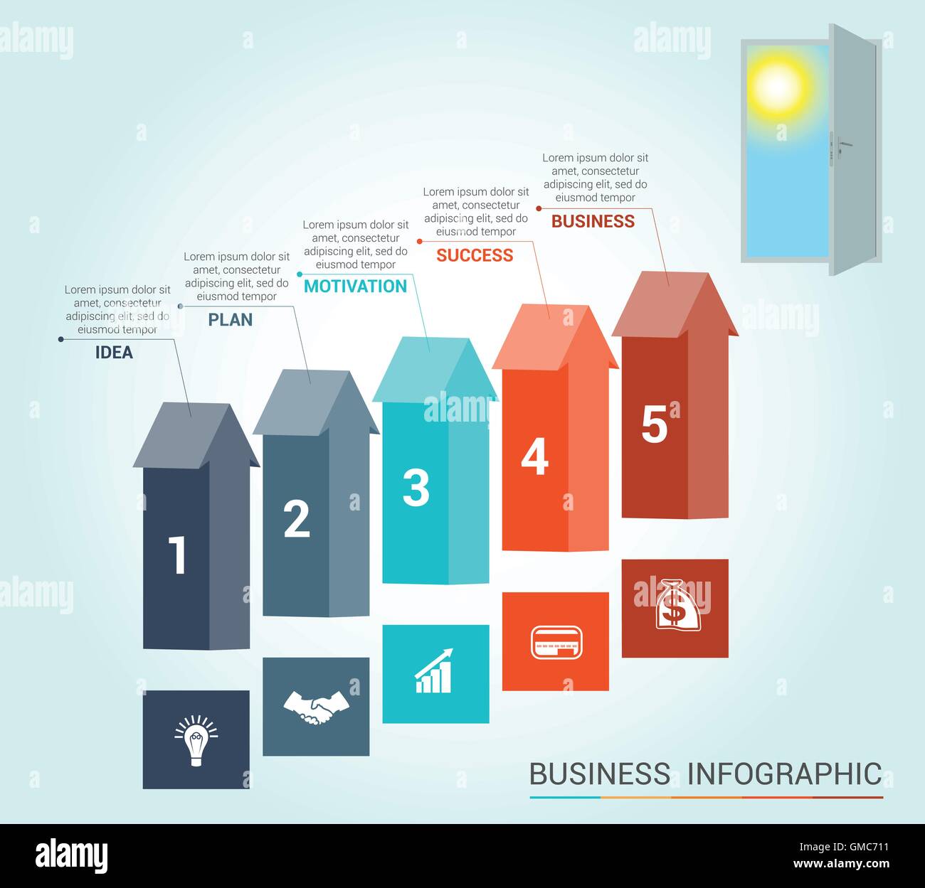 Template Conceptual infographics, arrows colored and doorway, 5 ...