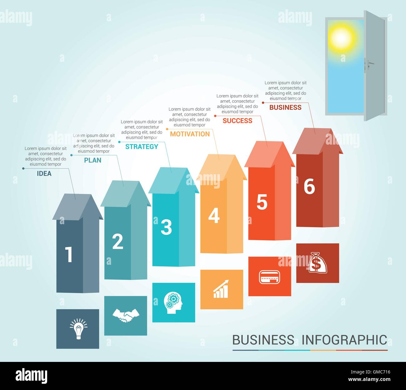 Template Conceptual infographics, arrows colored and doorway, 6 ...
