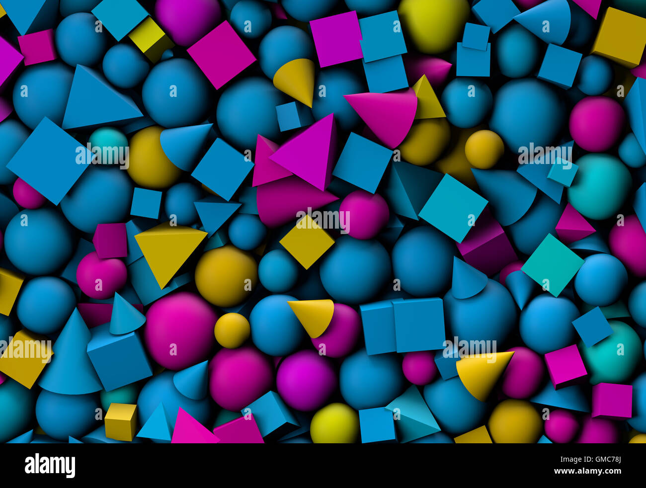 3d illustration texture with geometric shapes, cones, cubes and spheres ...