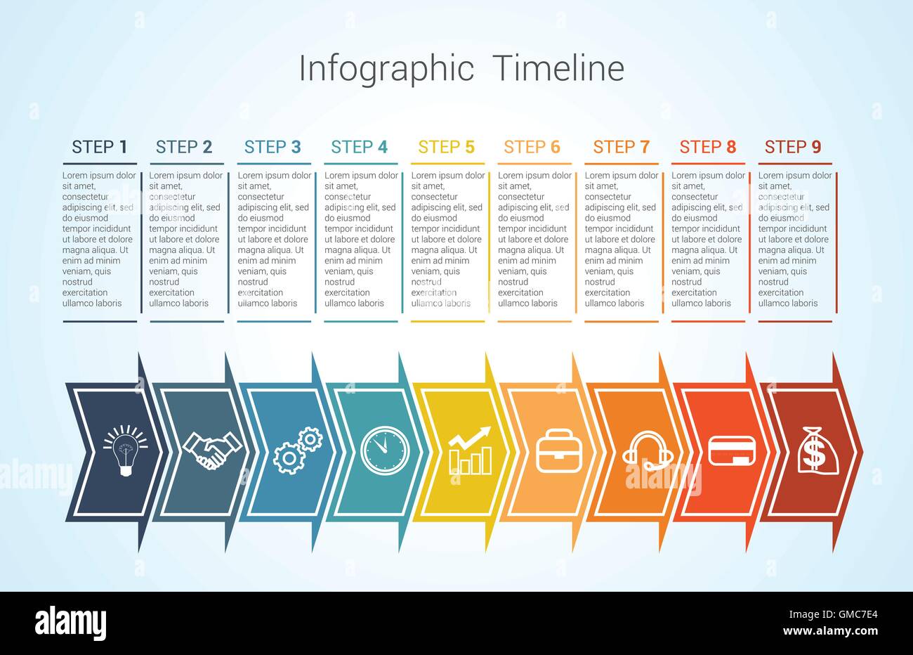 Template Timeline Infographic colored horizontal arrows numbered for ...