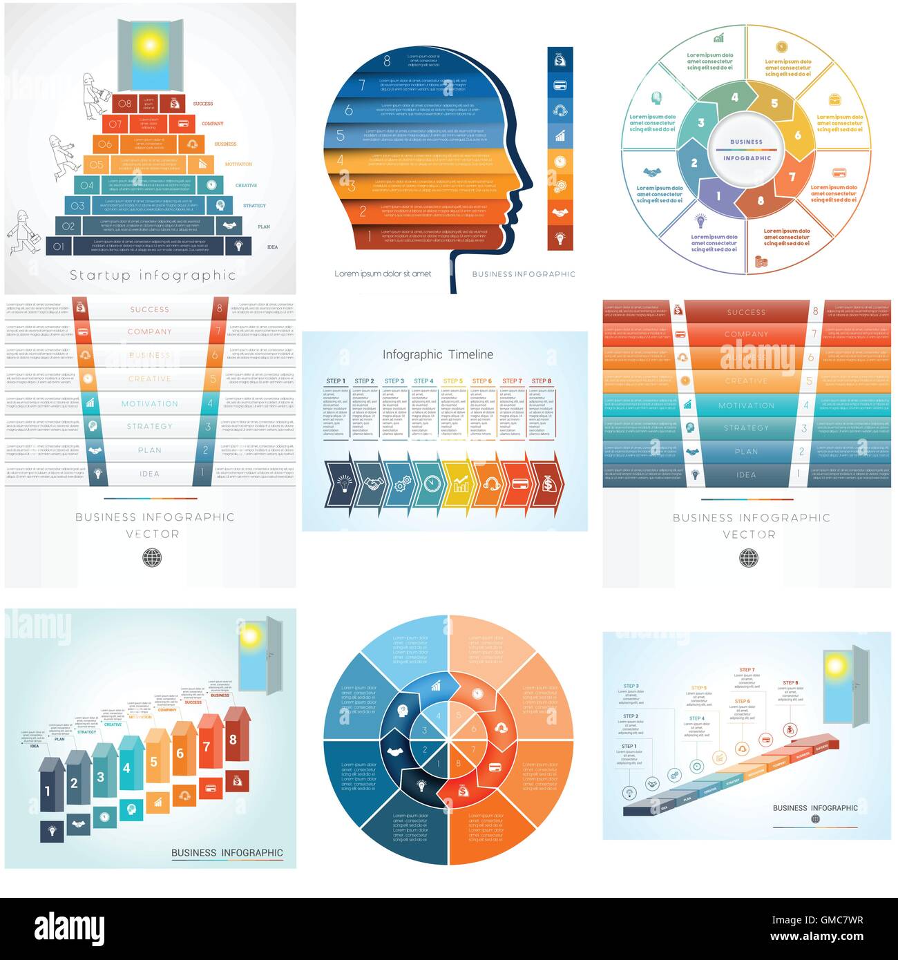 Nine templates element for Infographics diagram with eight steps ...